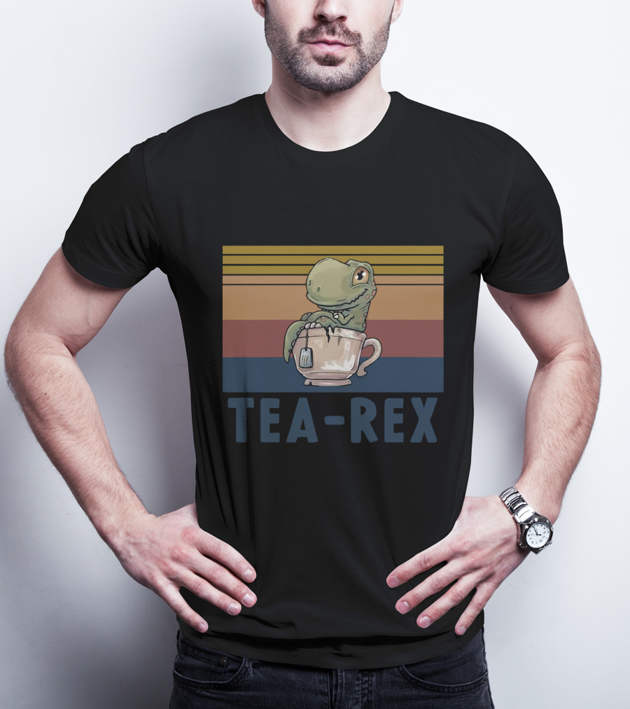 Tea Rex Dinosaur With Retro Sunset Cup T-Shirt