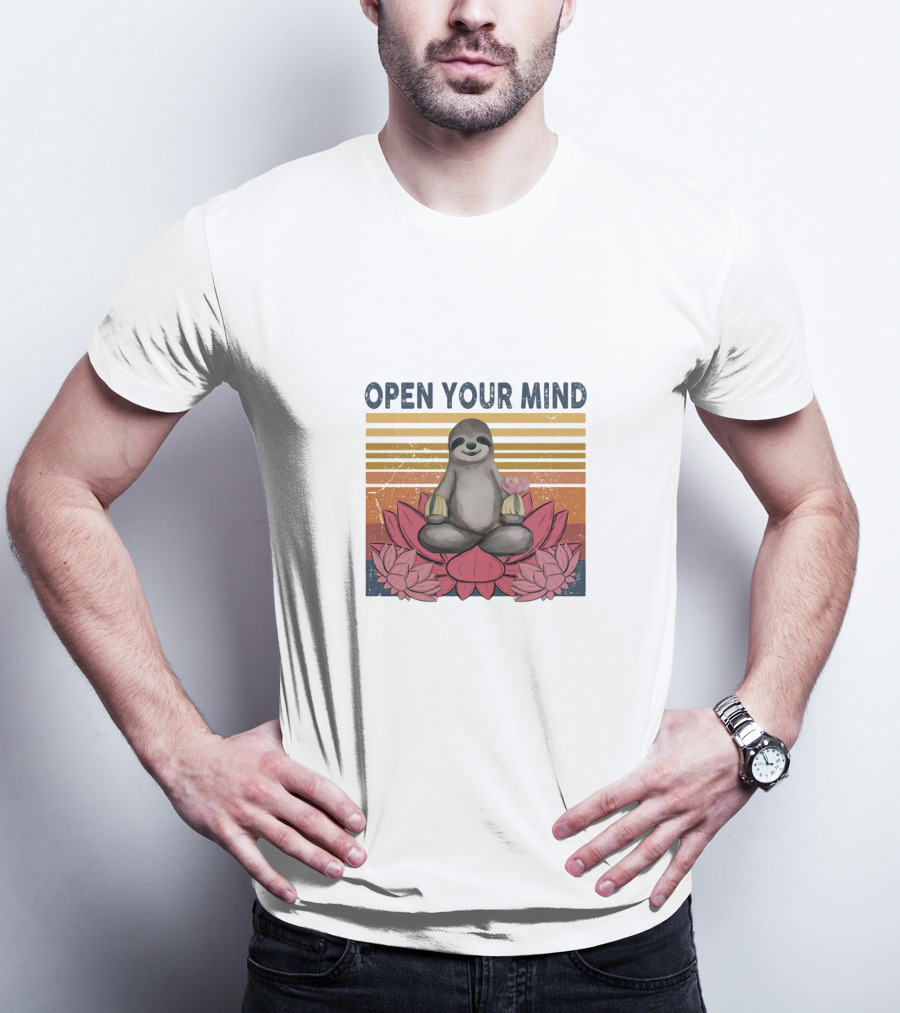 Open Your Mind Yoga Sloth On Lotus With Retro Stripes T-Shirt