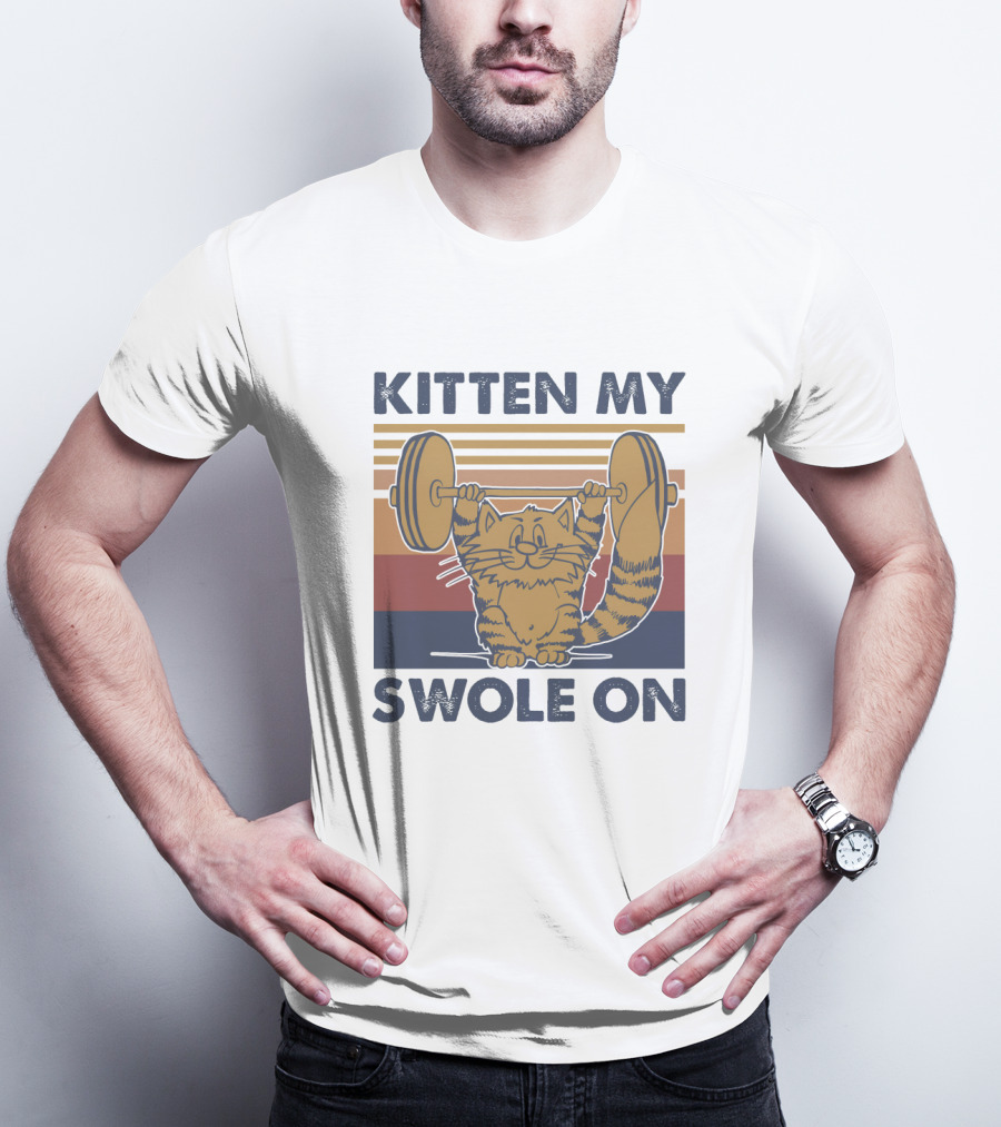 KITTEN MY SWOLE ON Cat Weightlifting Retro Stripes T-Shirt
