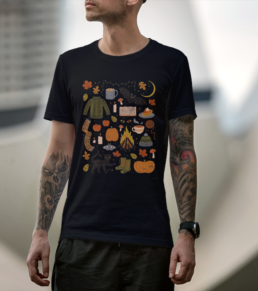Autumn Nights Cozy Sweater Pumpkin Campfire Black Cat Moonlit Fall Leaves T-Shirt