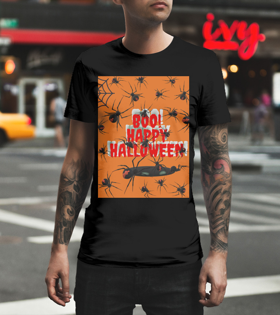 BOO Happy Halloween Spiders Orange Web T-Shirt