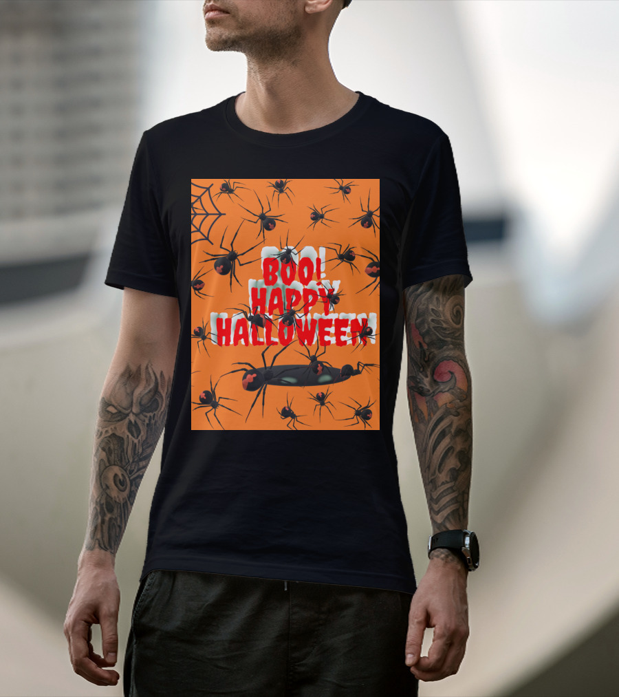 BOO Happy Halloween Spiders Orange Web T-Shirt