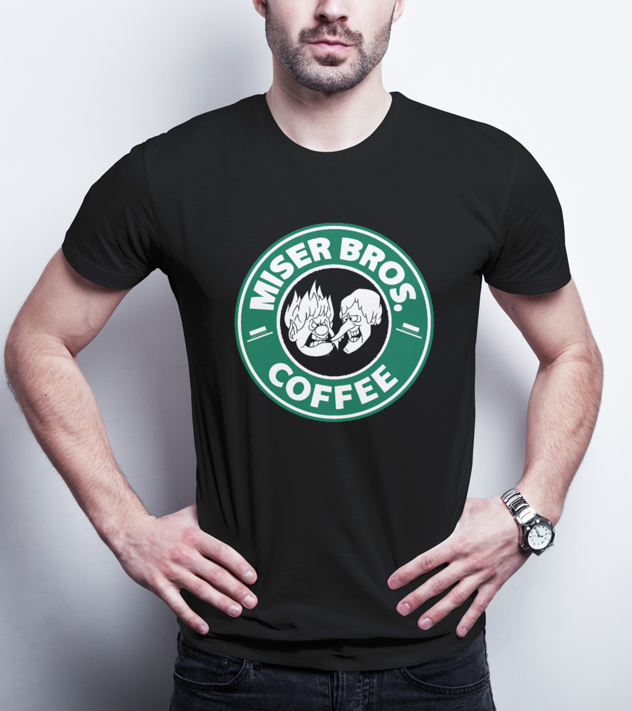 Miser Bros Coffee Logo Parody Starbucks Christmas Cartoon Characters T-Shirt