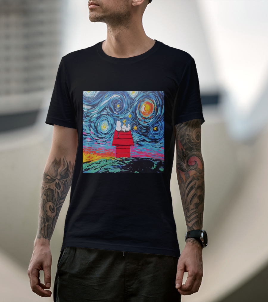 Snoopy And Woodstock On The Doghouse Under A Starry Night T-Shirt