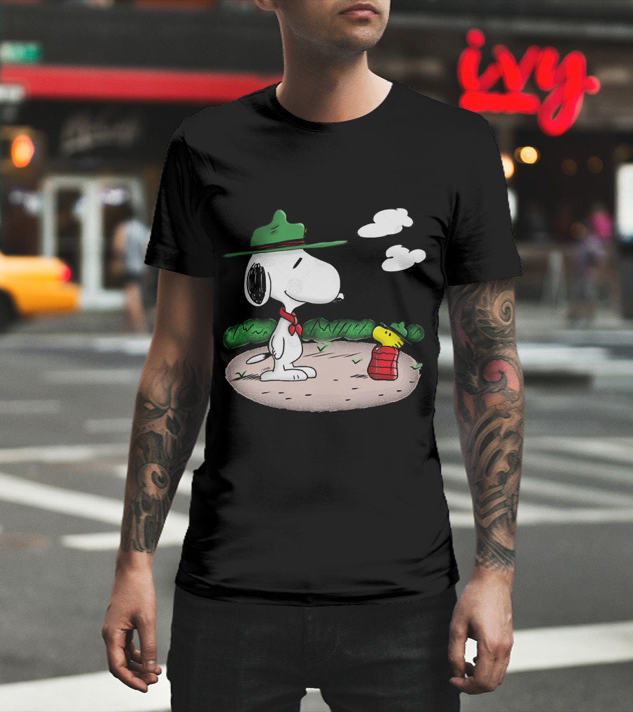 Snoopy Woodstock Camping Adventure With Green Hats And Red Scarf T-Shirt