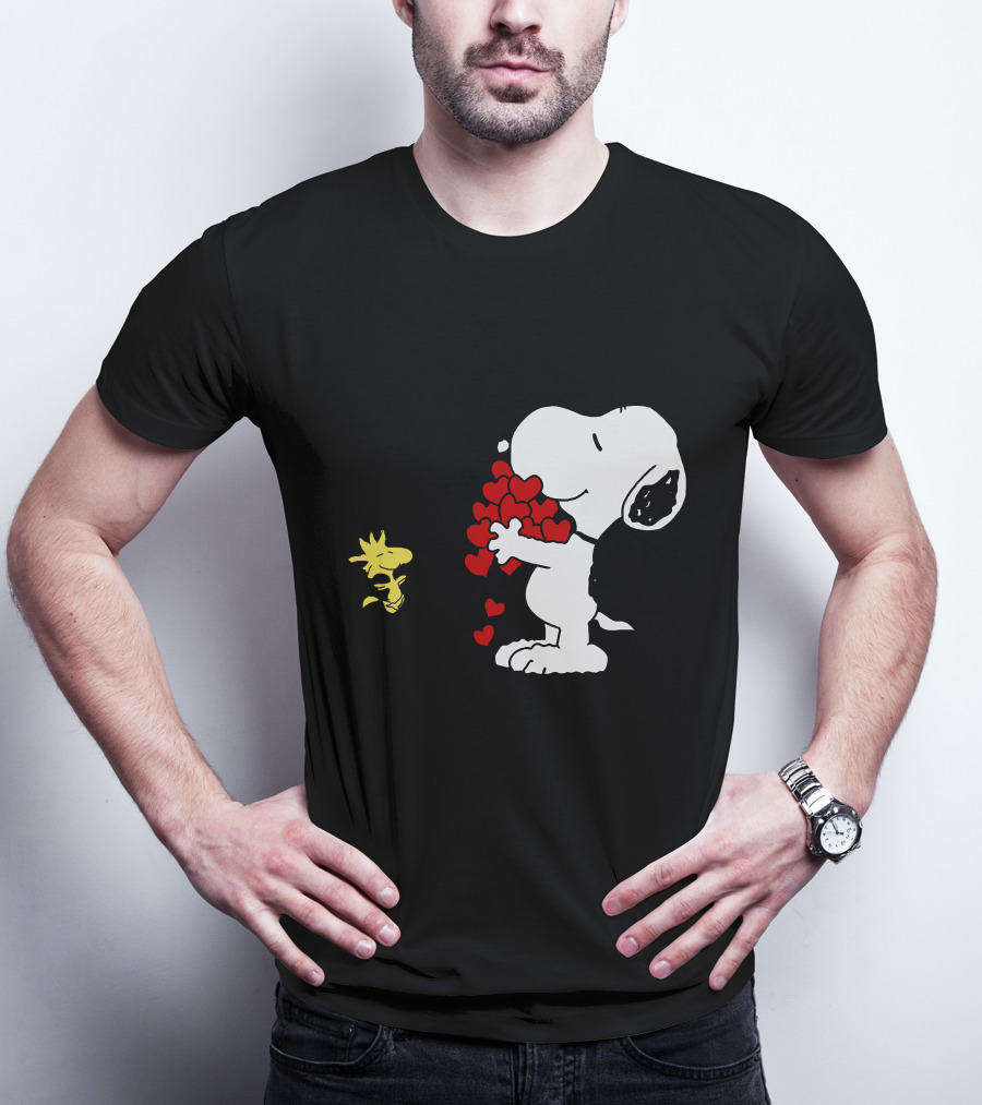 Snoopy Holding Hearts With Woodstock Hugging T-Shirt