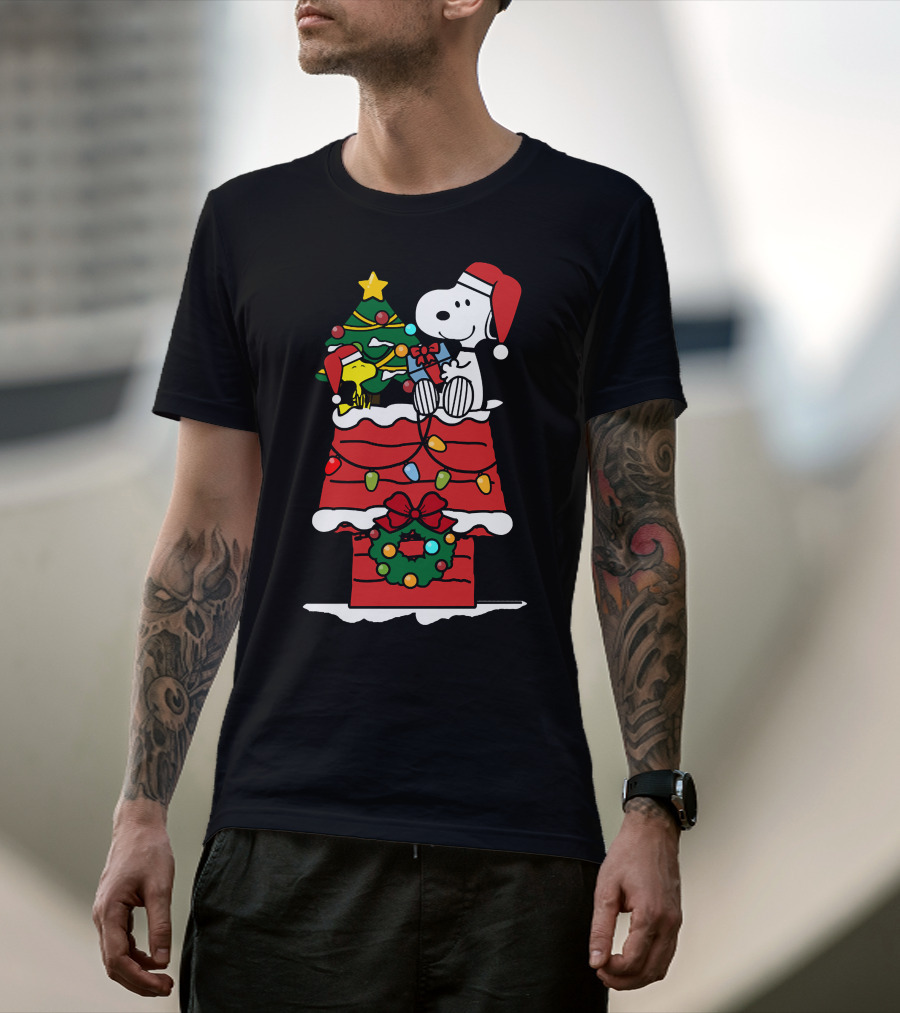 Snoopy And Woodstock Celebrate Christmas On Doghouse With Santa Hats And Tree T-Shirt
