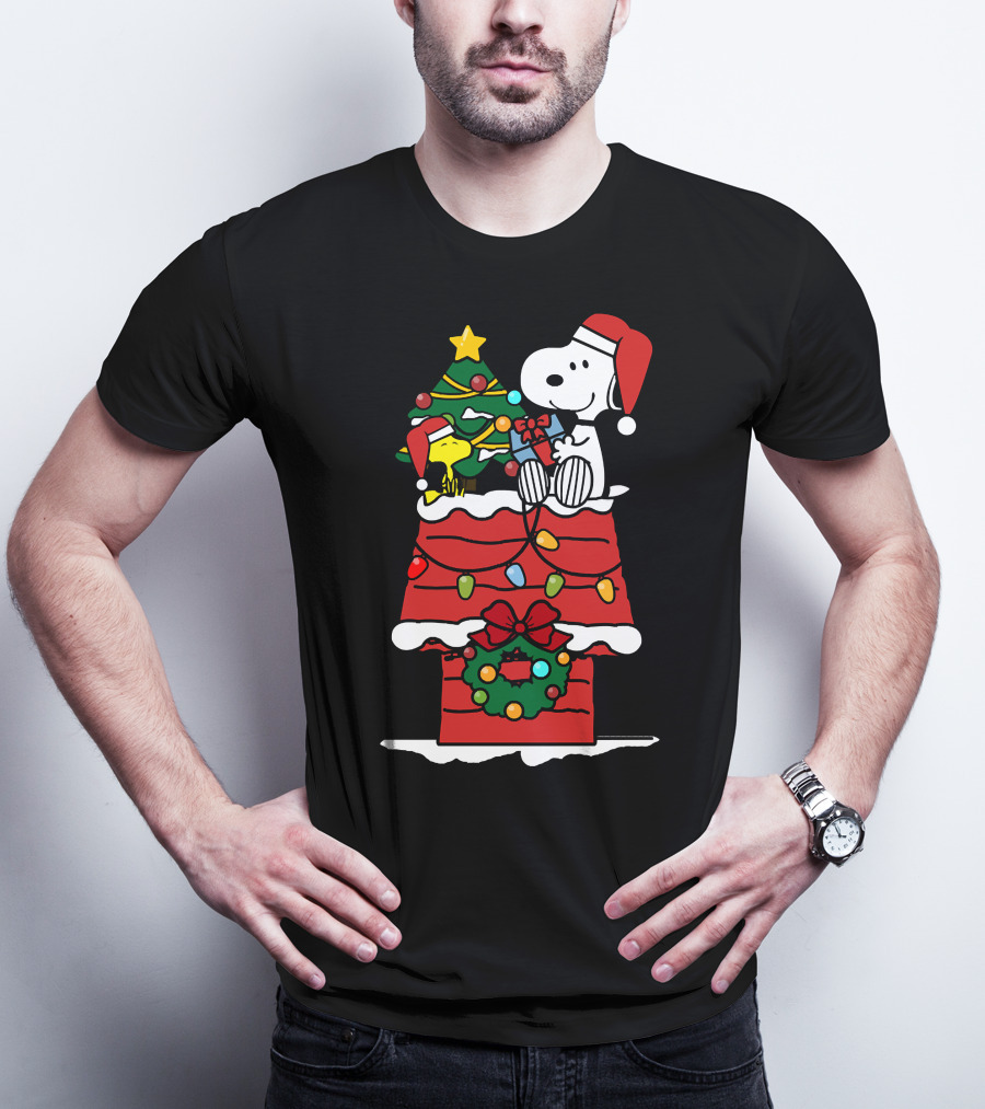 Snoopy And Woodstock Celebrate Christmas On Doghouse With Santa Hats And Tree T-Shirt