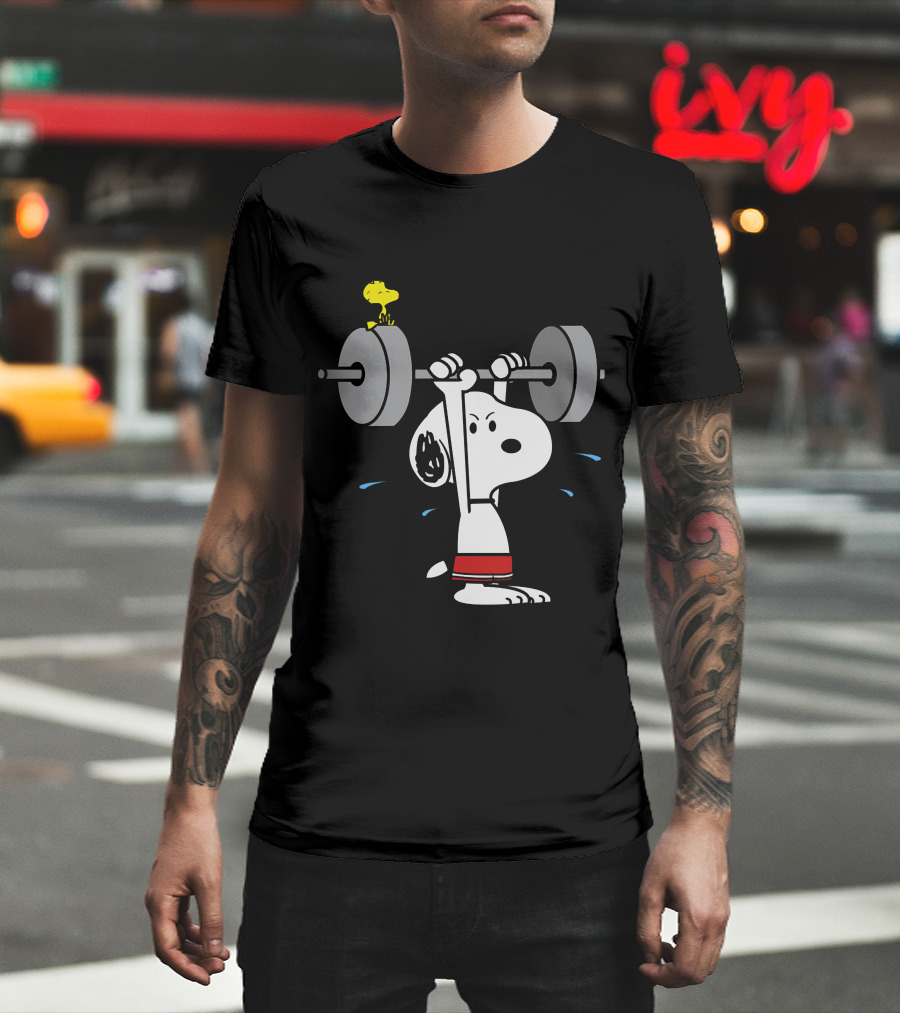Snoopy Weightlifting With Woodstock On Barbell T-Shirt