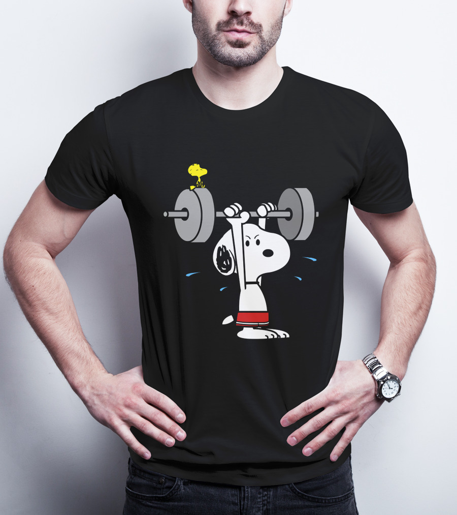 Snoopy Weightlifting With Woodstock On Barbell T-Shirt