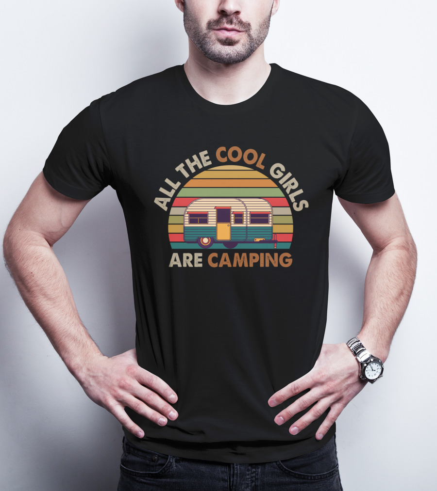 Retro Camper Design With All The Cool Girls Are Camping Vintage Stripe T-Shirt
