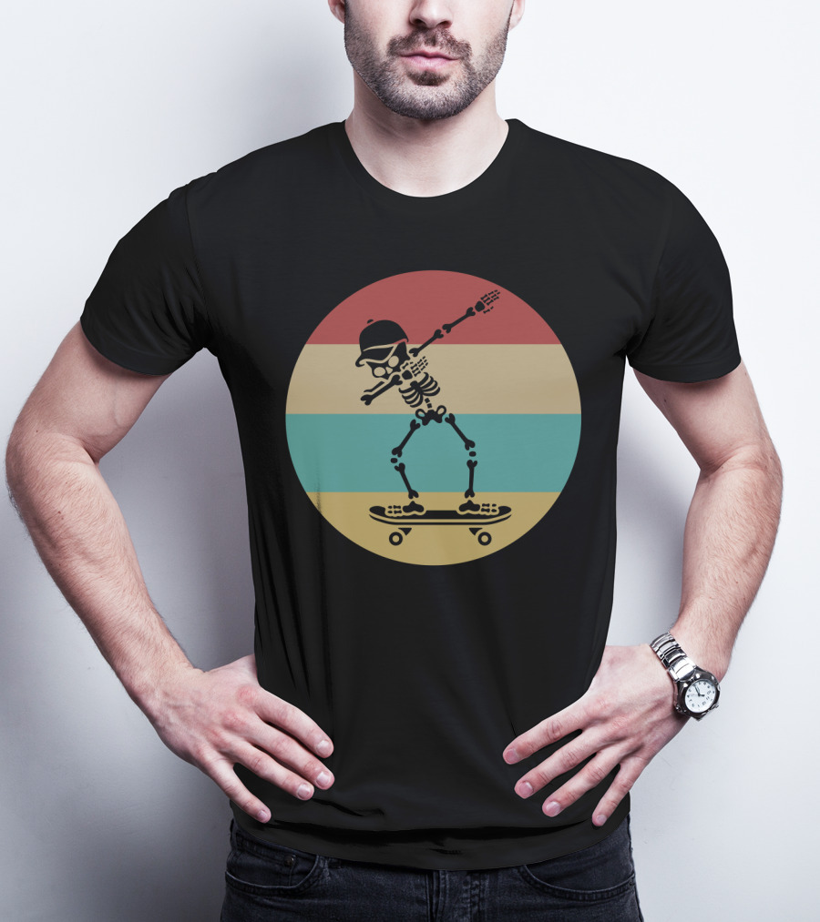 Dabbing Skeleton Skateboarder Retro Stripes Vintage Sunset T-Shirt