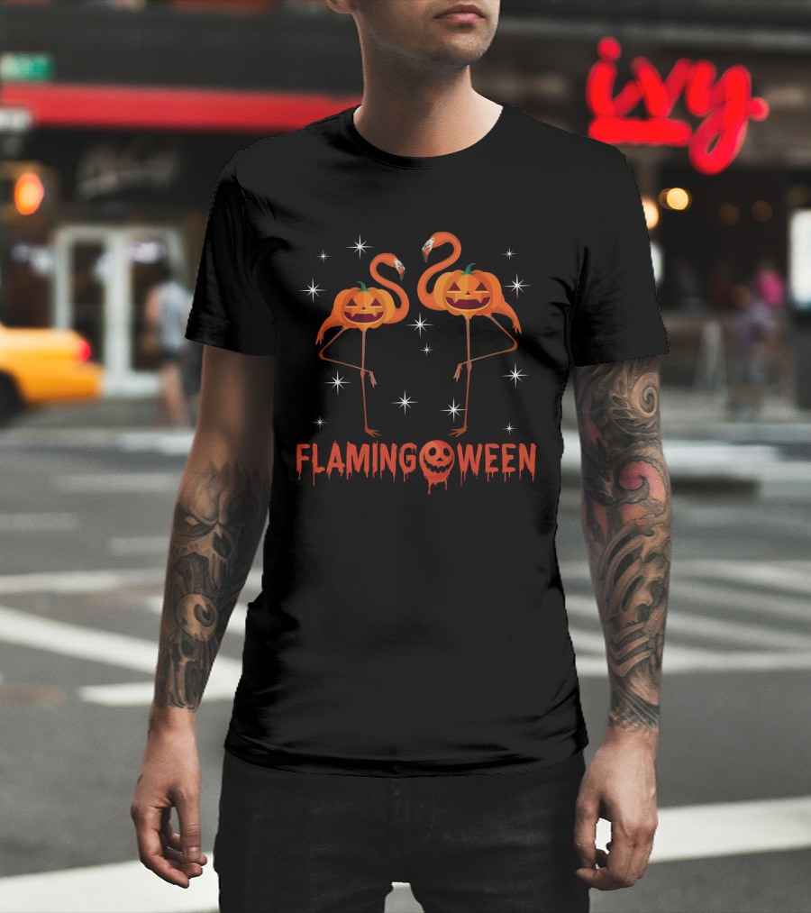 Flamingoween Funny Flamingos With Pumpkin Heads And Stars T-Shirt