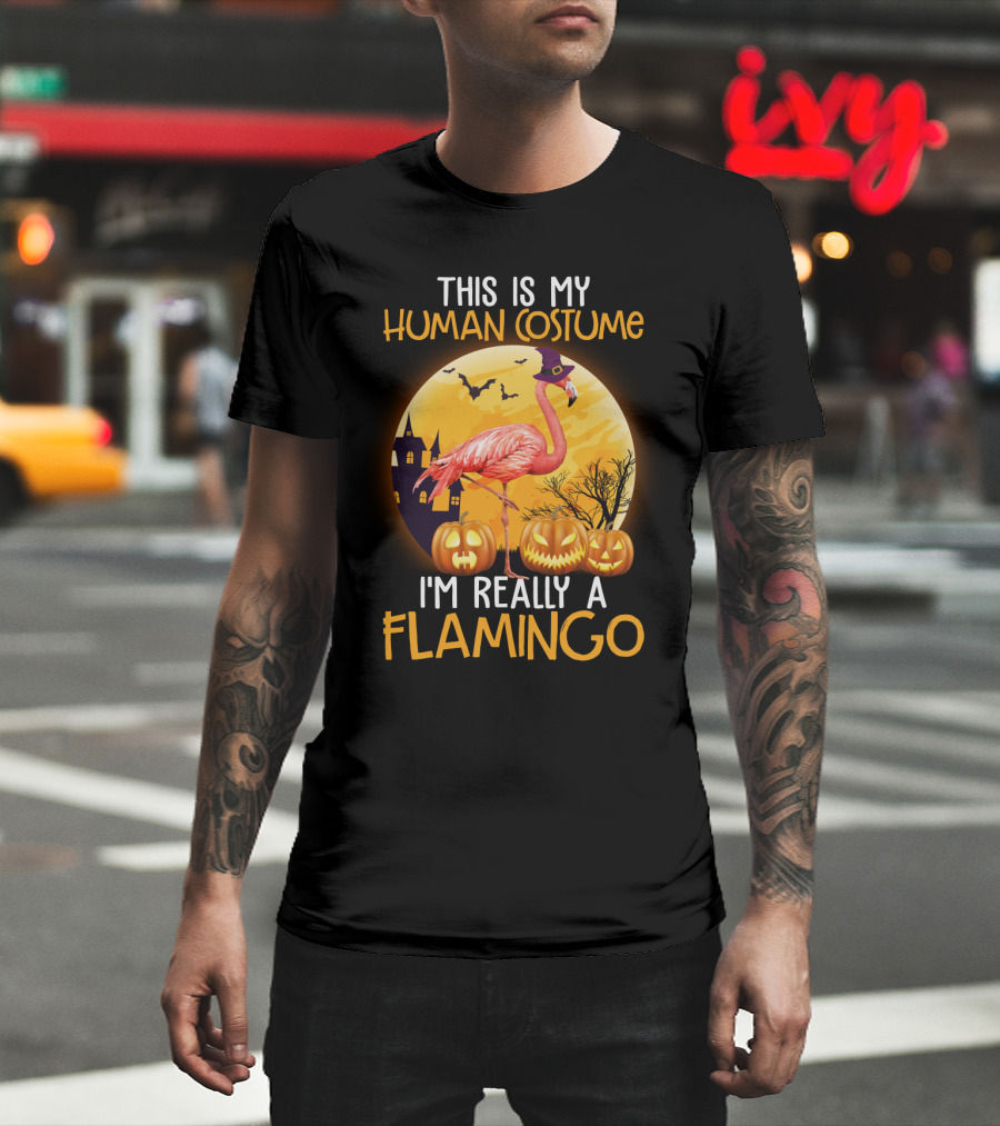 This Is My Human Costume I'm Really A Flamingo Halloween Witch With Pumpkins And Bats T-Shirt