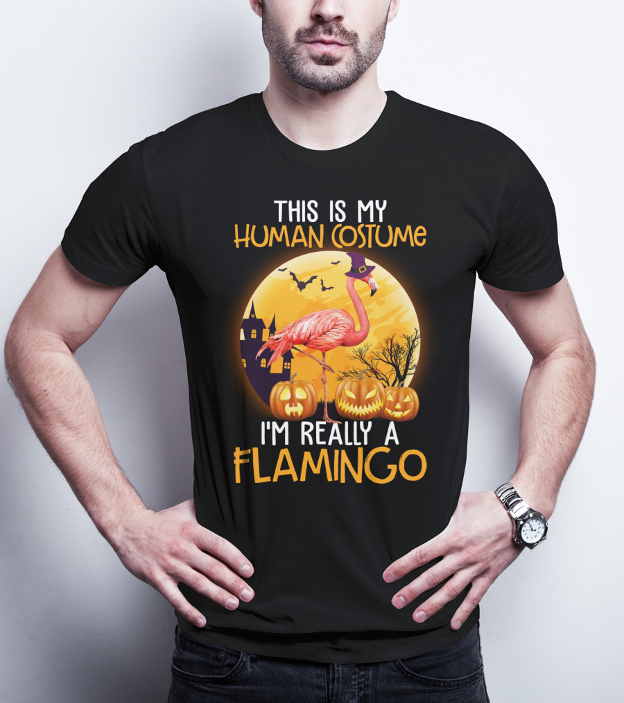 This Is My Human Costume I'm Really A Flamingo Halloween Witch With Pumpkins And Bats T-Shirt