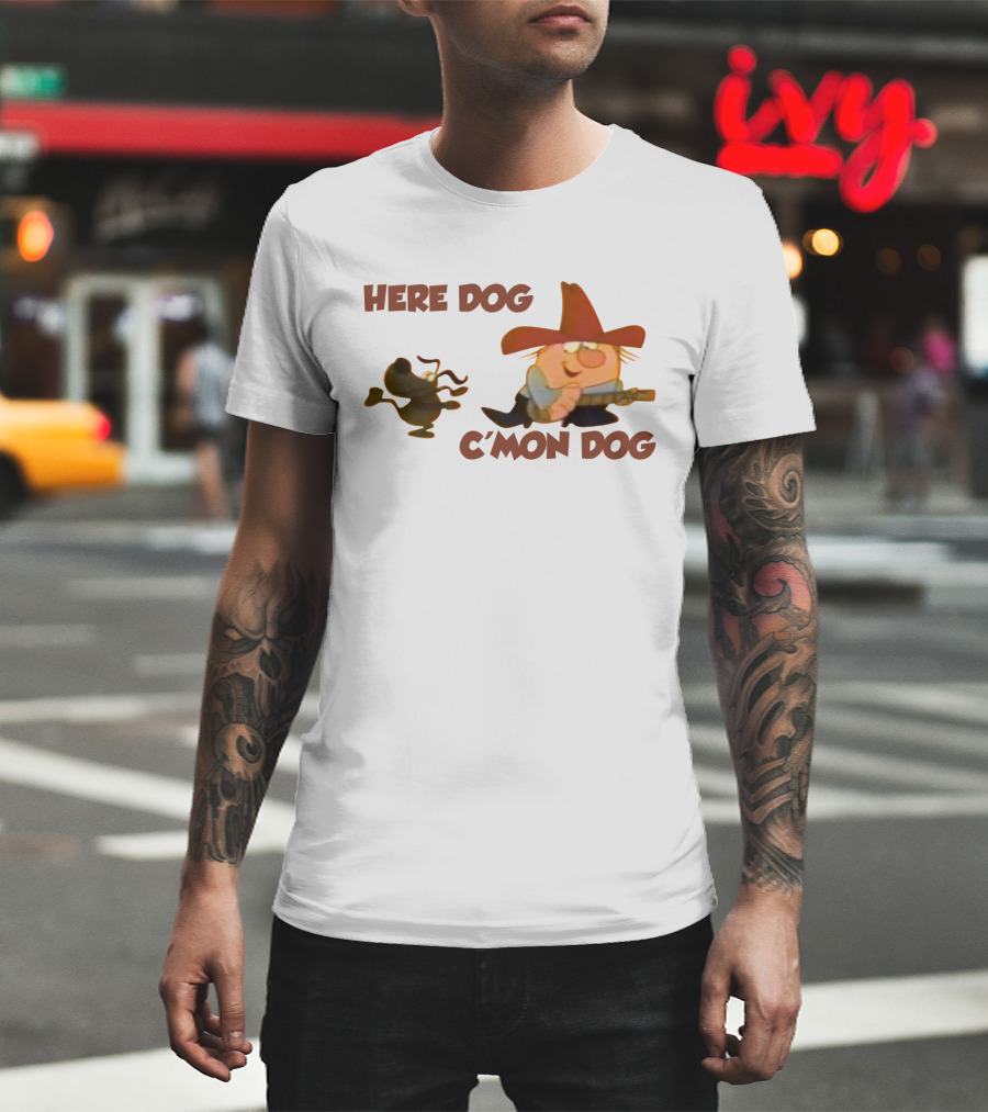 Here Dog C'mon Dog Cartoon Character With Cowboy Hat And Guitar T-Shirt