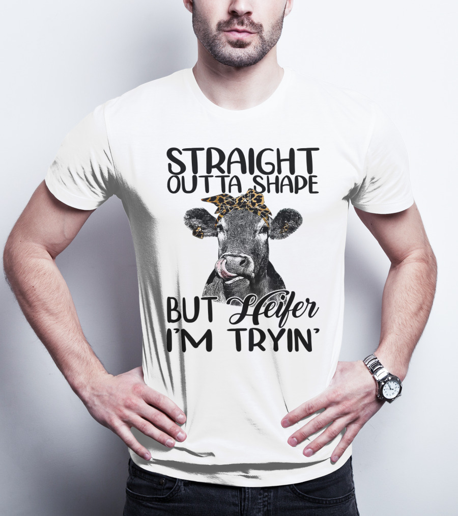 Straight Outta Shape Heifer Fitness Humor With Leopard Headscarf T-Shirt