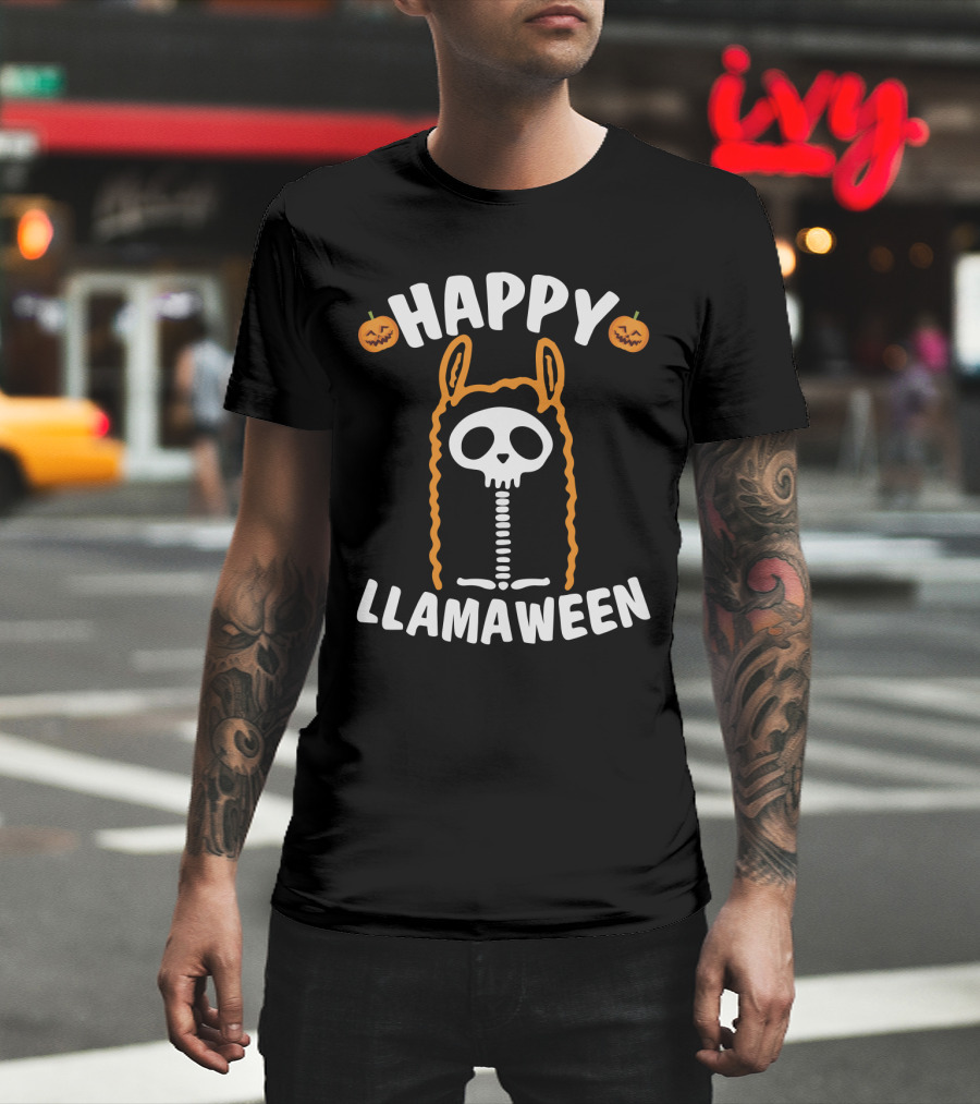 Happy Llamaween Skeleton Llama With Pumpkins And Festive Halloween T-Shirt