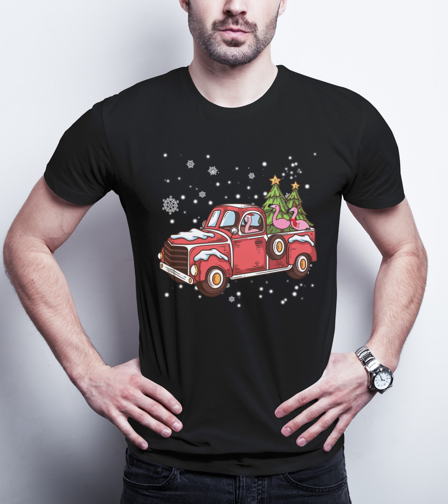 Christmas Flamingos Riding In Red Truck With Snowflakes And Christmas Trees T-Shirt