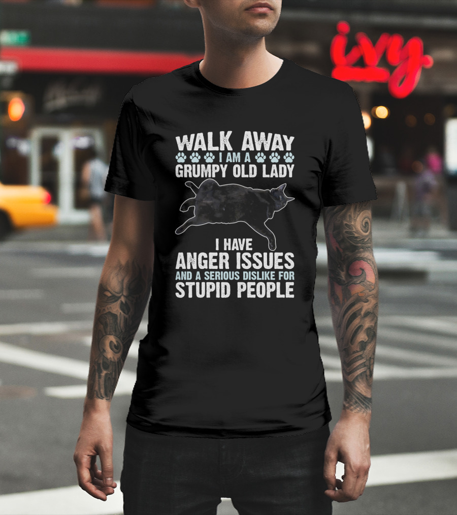 Walk Away I Am A Grumpy Old Lady Black Cat Anger Issues Dislike For Stupid People T-Shirt