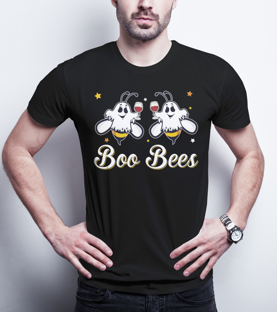 Boo Bees Wine Drinking Funny Halloween Bee Lovers Women Stars T-Shirt