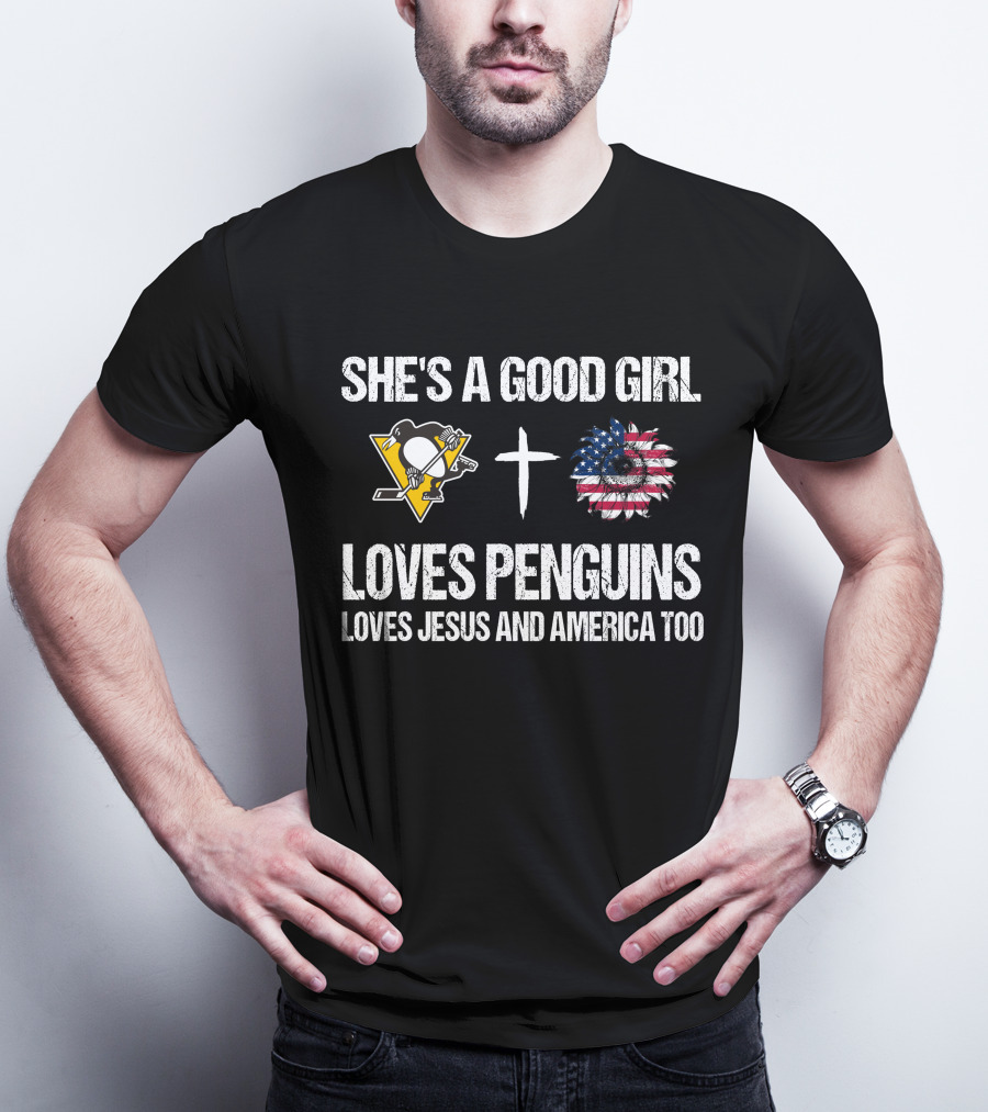 She's A Good Girl Penguins Logo Cross American Flag Loves Penguins Loves Jesus And America Too T-Shirt