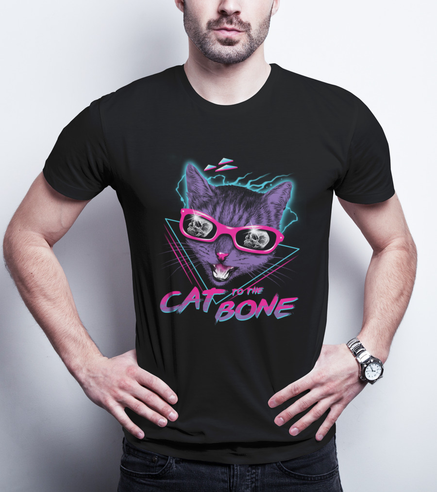 CAT TO THE BONE Retro Neon Cool Cat In Sunglasses With Skull Reflections T-Shirt
