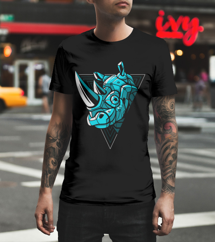 Cybernetic Blue Rhino With Neon Triangle Punk T-Shirt