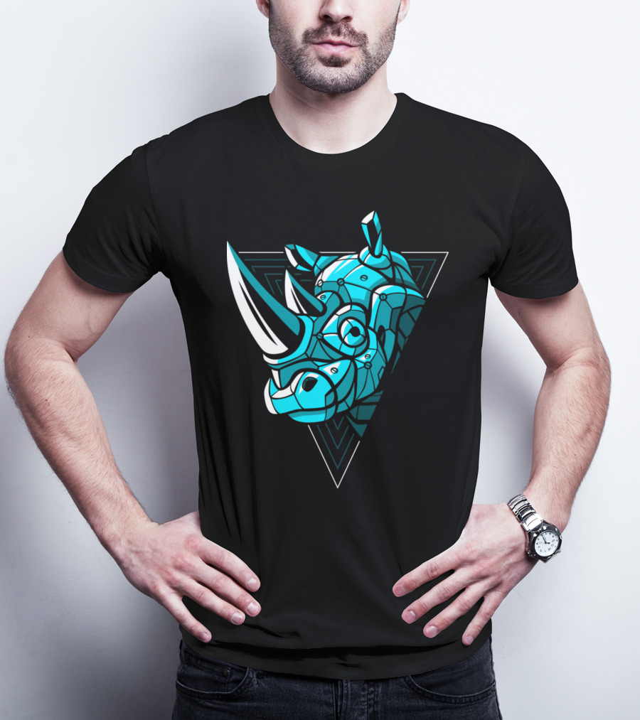 Cybernetic Blue Rhino With Neon Triangle Punk T-Shirt