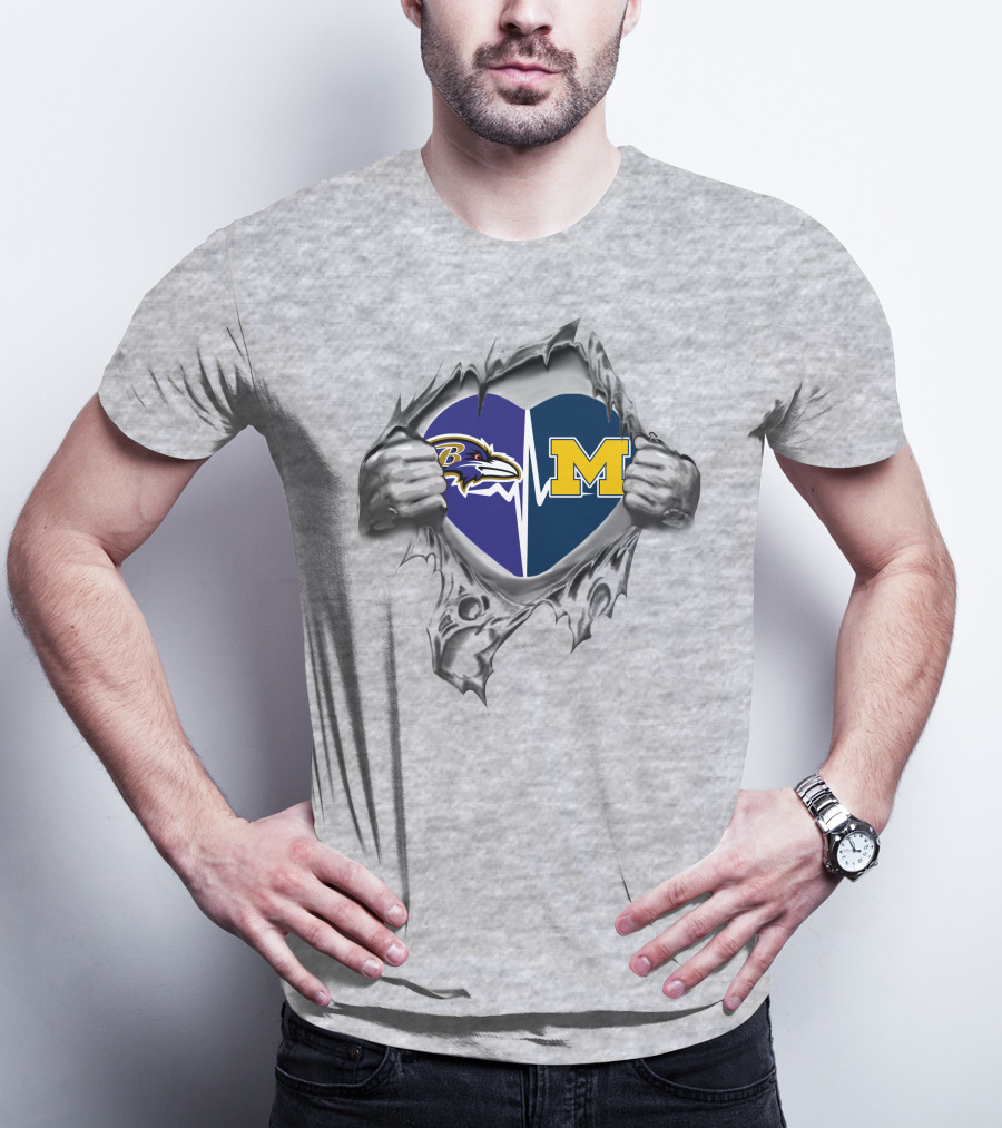 Michigan Wolverines Baltimore Ravens Heartbeat Collaboration T-Shirt