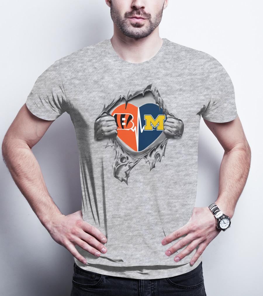 Michigan Wolverines Heartbeat Cincinnati Bengals Fan T-Shirt