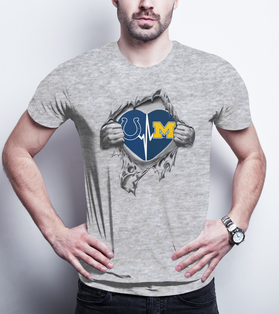 Michigan Wolverines Indianapolis Colts Heartbeat Logo Fusion T-Shirt