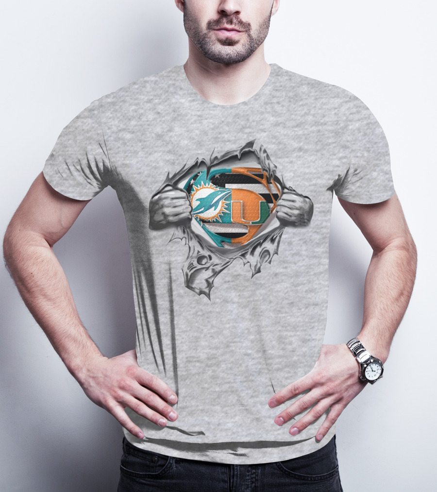 Miami Dolphins Hurricanes Superman Logo Tear Open T-Shirt