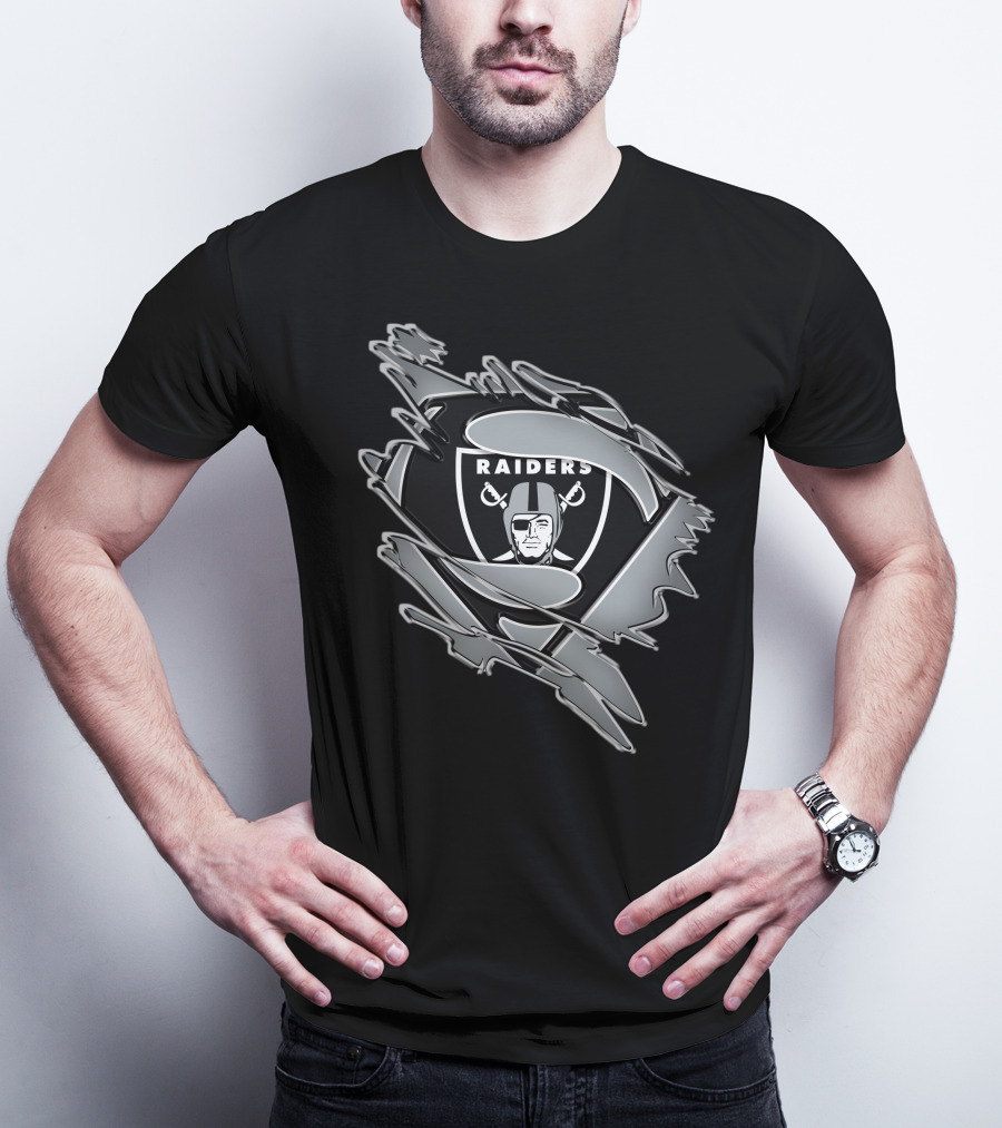 Raiders Shield Emblem With Torn Superhero Suit T-Shirt