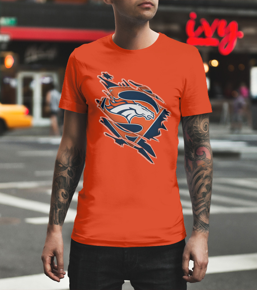 Broncos Super Logo Combines With Superhero Emblem On Bold Orange T-Shirt