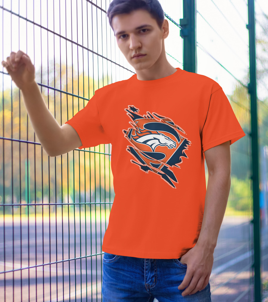 Broncos Super Logo Combines With Superhero Emblem On Bold Orange T-Shirt