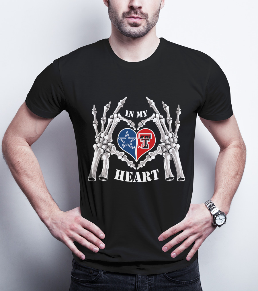 In My Heart Dallas Cowboys Texas Tech Logo Skeleton Hands T-Shirt