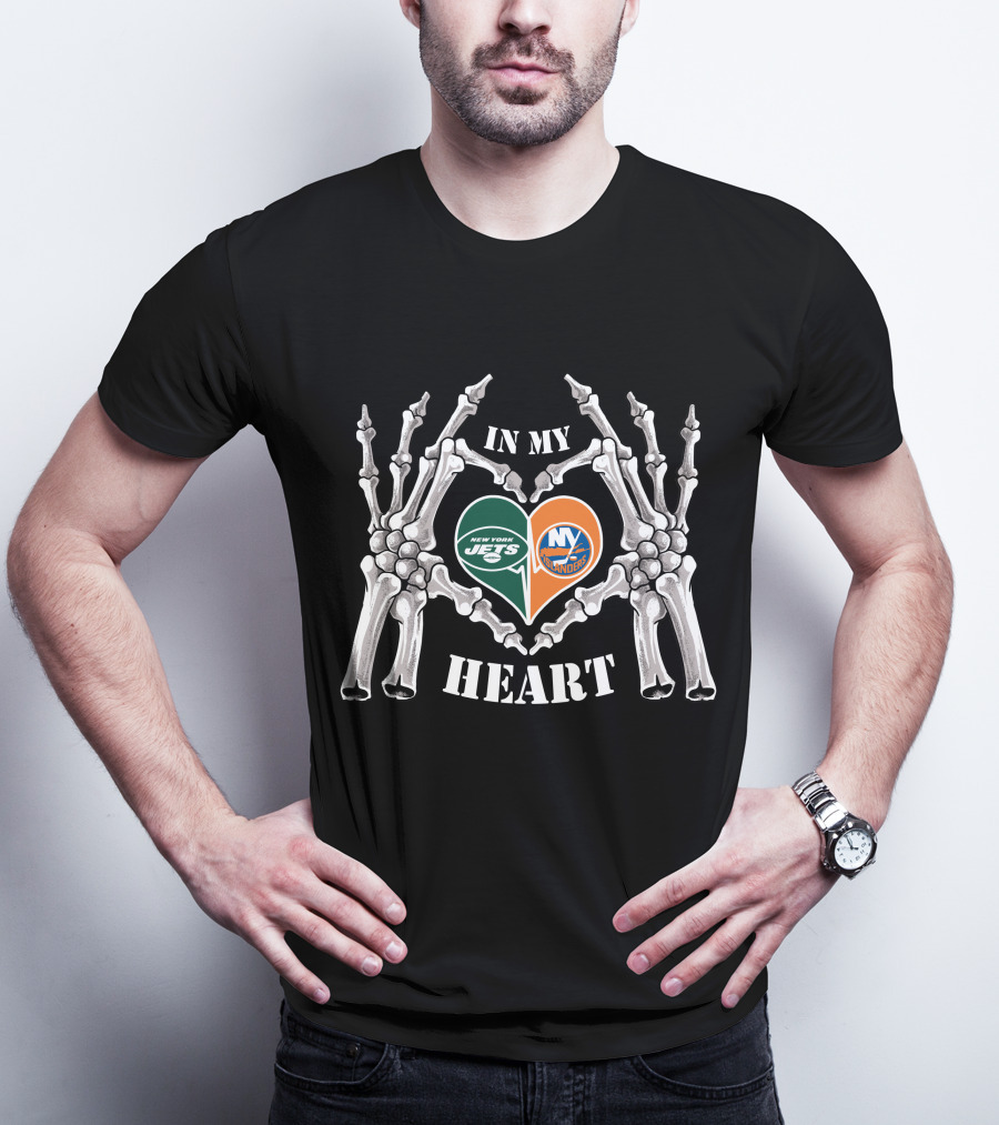 In My Heart New York Jets New York Islanders Skeleton Hands T-Shirt