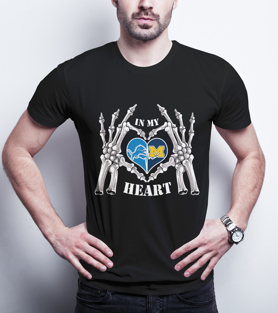 In My Heart Lions Wolverines M Logo Skeleton Hands T-Shirt