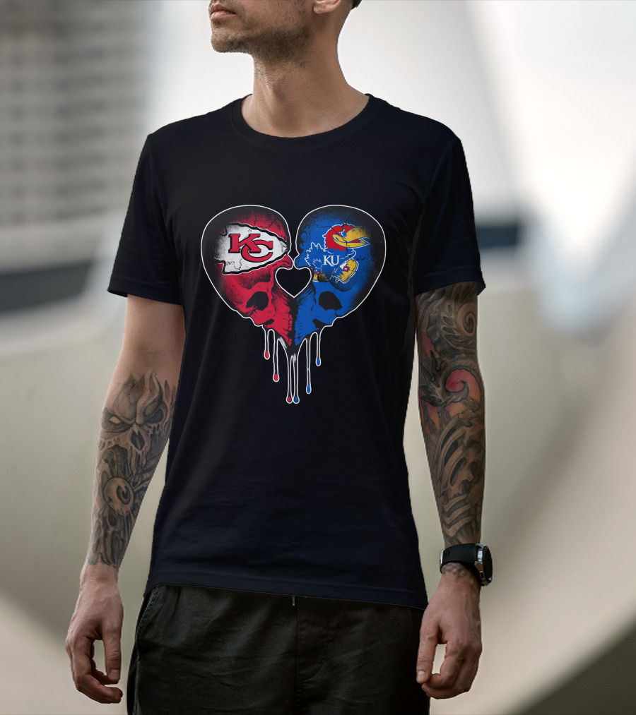 Chiefs KU Jayhawks Heart Skull T-Shirt