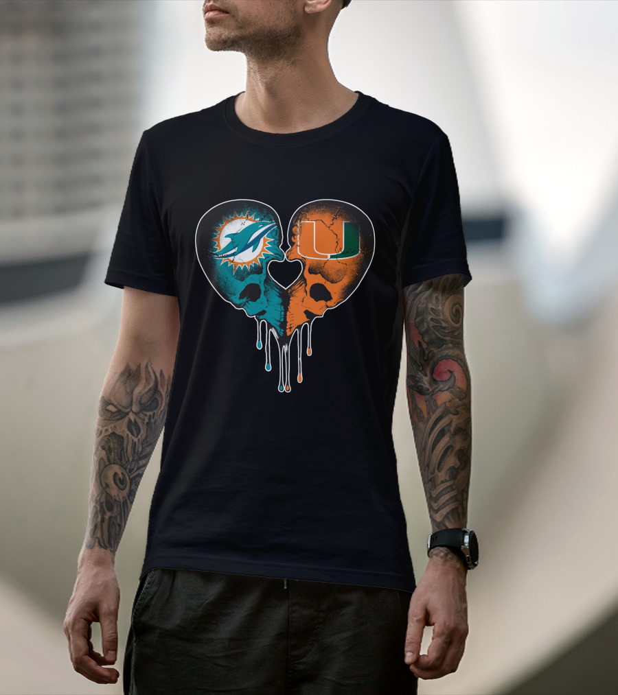 Miami Dolphins Hurricanes Love Heart Skull T-Shirt