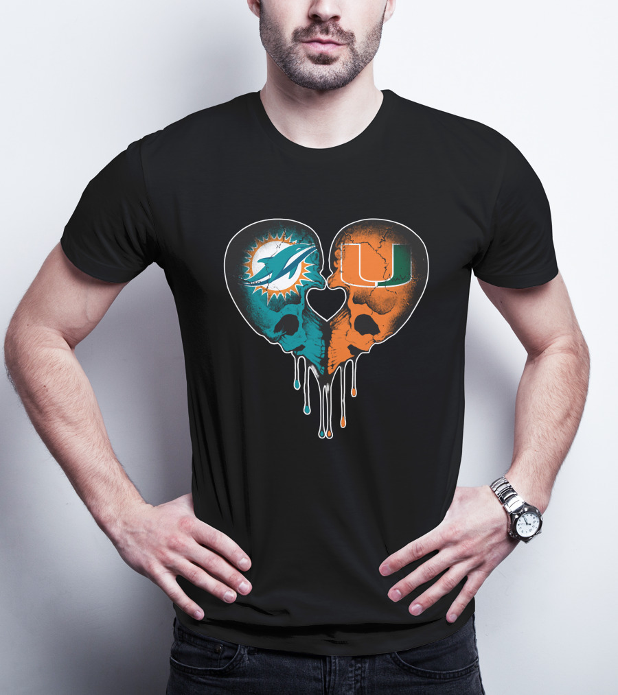 Miami Dolphins Hurricanes Love Heart Skull T-Shirt