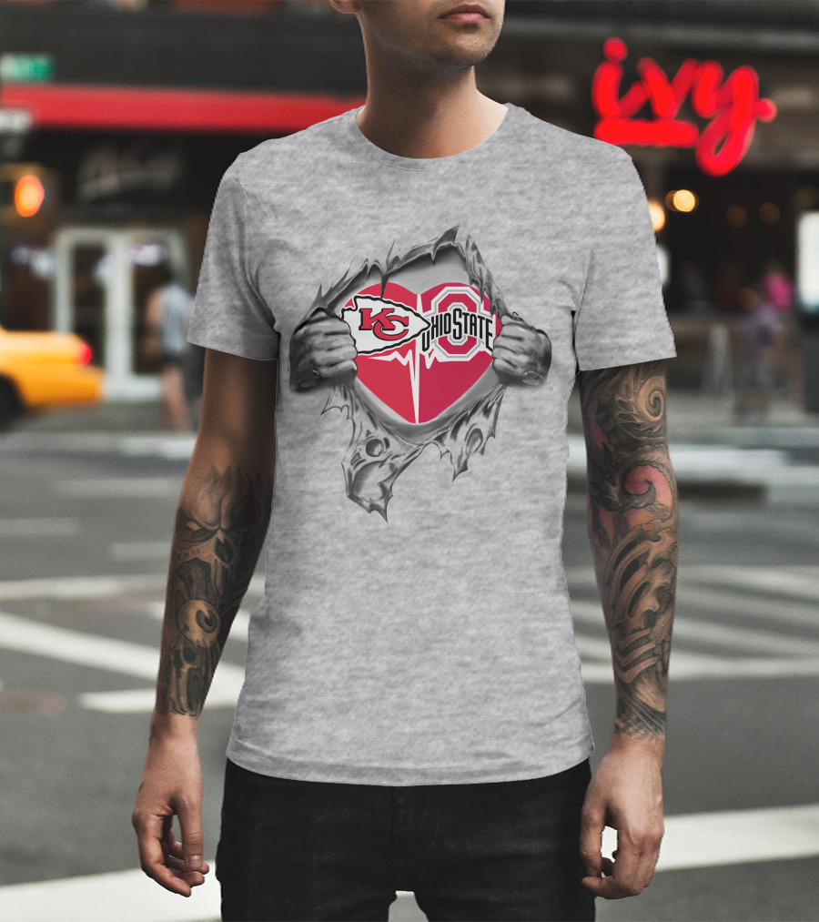 Kansas City Chiefs Ohio State Buckeyes Heart Logo Tear T-Shirt