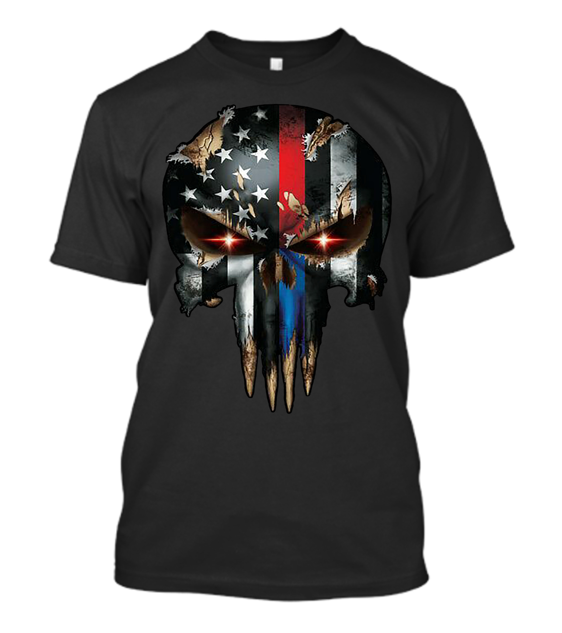 Independence Day Skull With American Flag Blue And Red Stripes T-Shirt