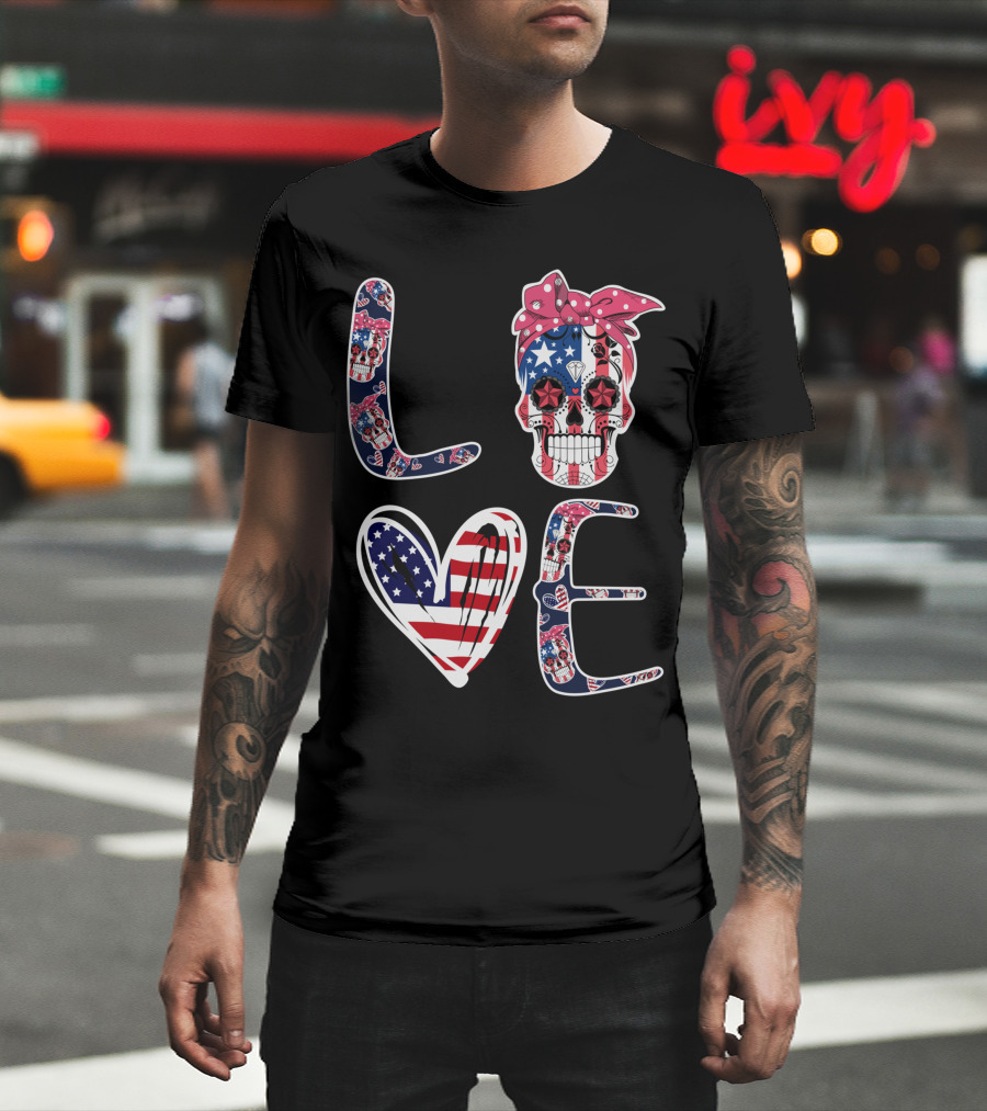 Skull Love American Flag Patriotic Bandana T-Shirt