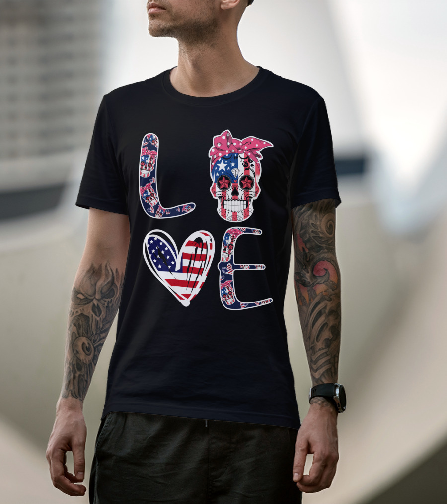 Skull Love American Flag Patriotic Bandana T-Shirt