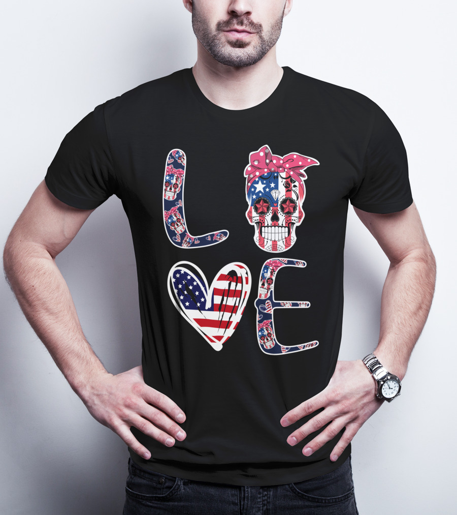 Skull Love American Flag Patriotic Bandana T-Shirt