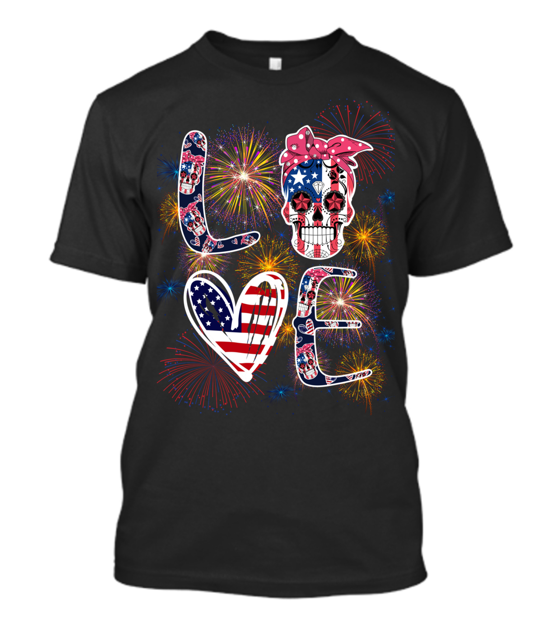 LOVE Skull Fireworks American Flag Independence Day T-Shirt