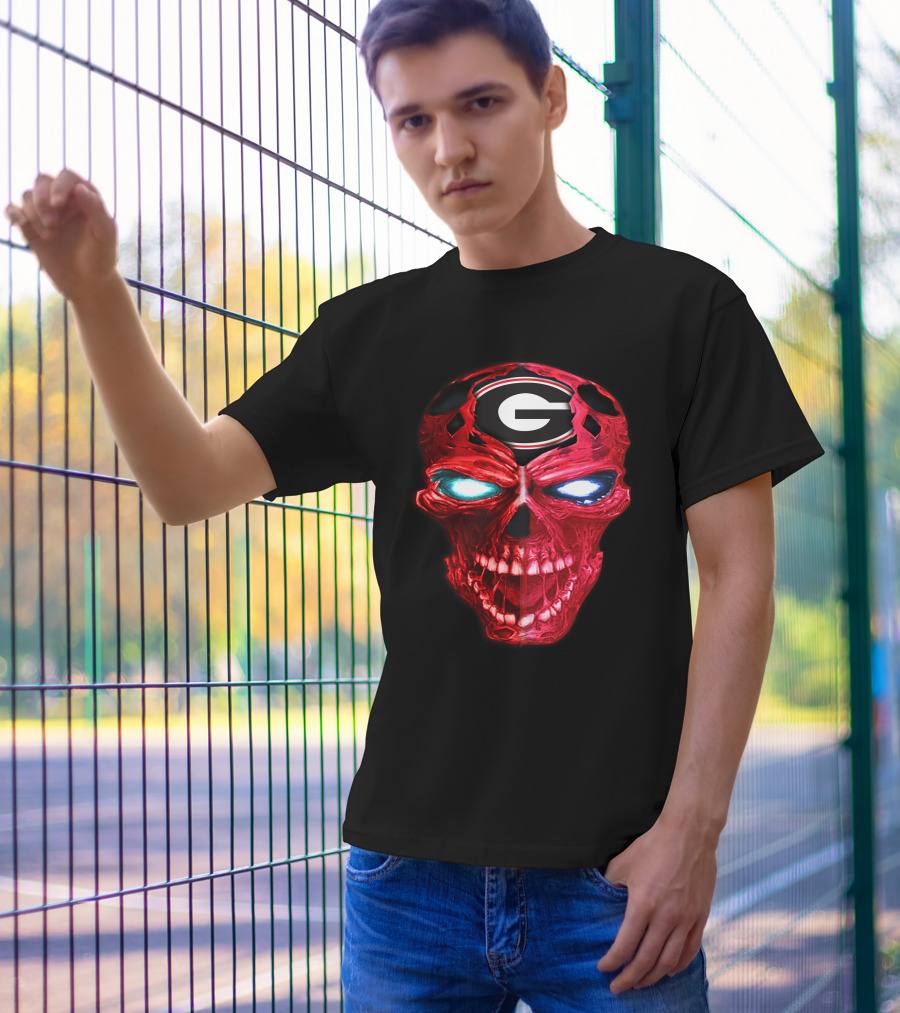 Georgia Bulldogs Skull Logo Red Glow T-Shirt