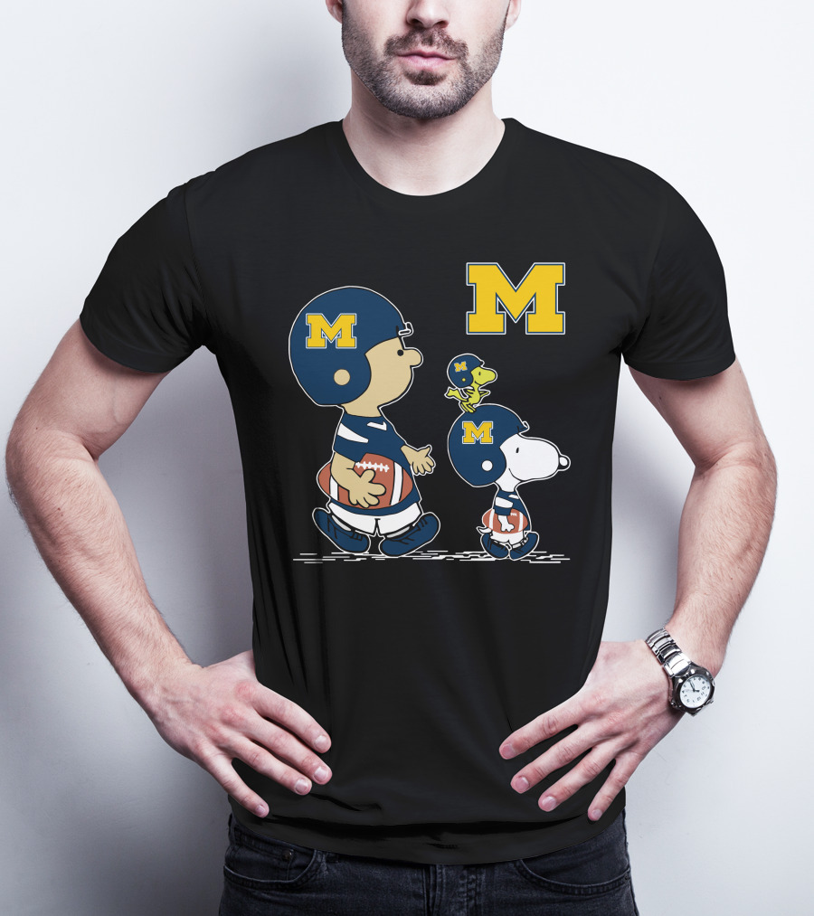 Michigan Wolverines Peanuts Football Characters With Iconic Block M T-Shirt